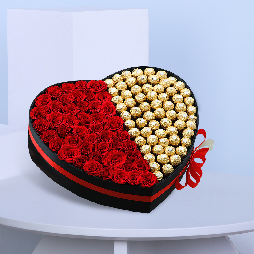 Heart Shaped Box Of Red Roses With Ferrero Delivery in UAE
