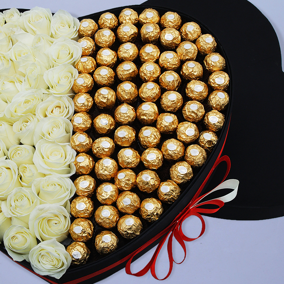 Buy Heart Shaped Box Of White Roses With Ferrero Online