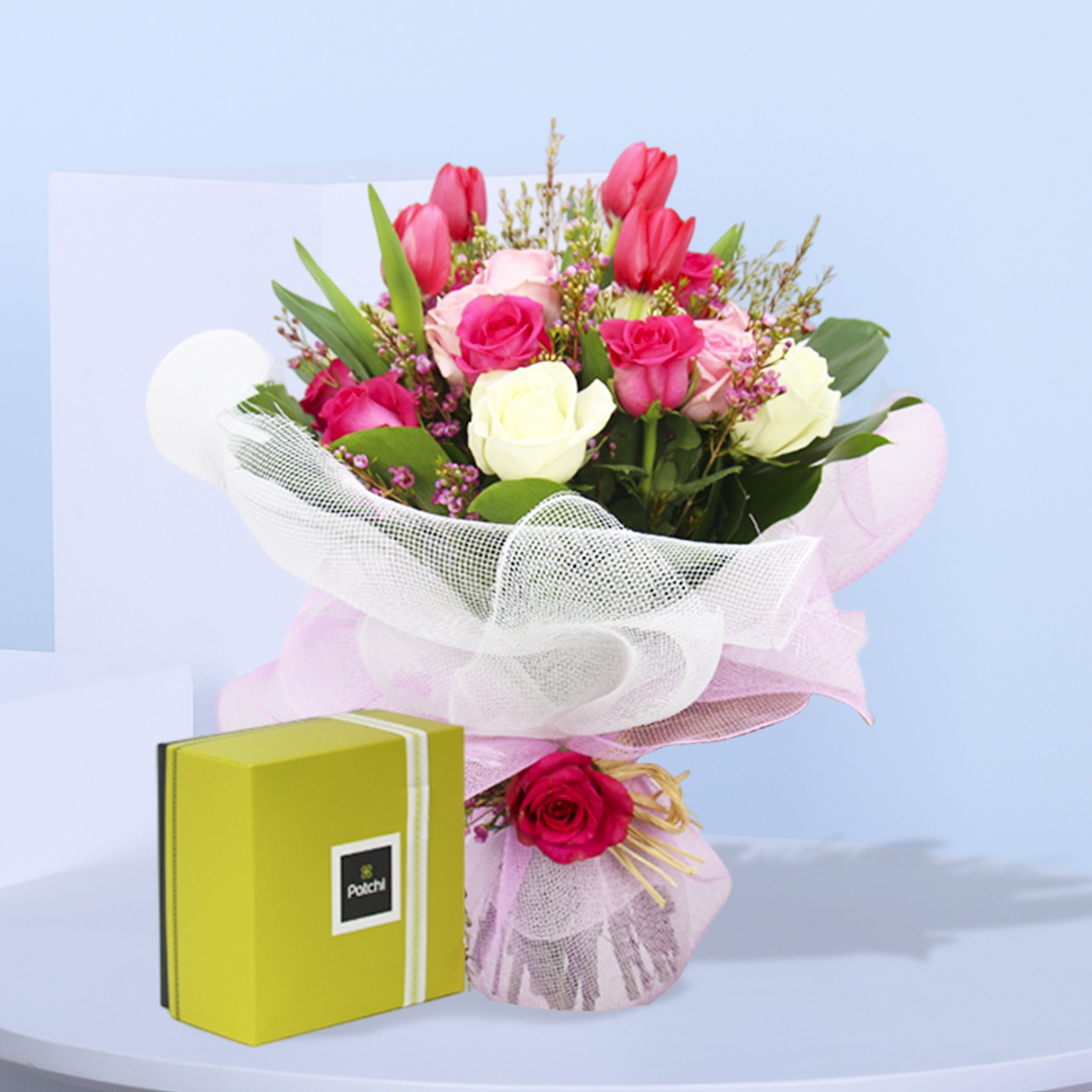 Tulip and Rose with Patchi Bouquet Combo in Dubai, UAE