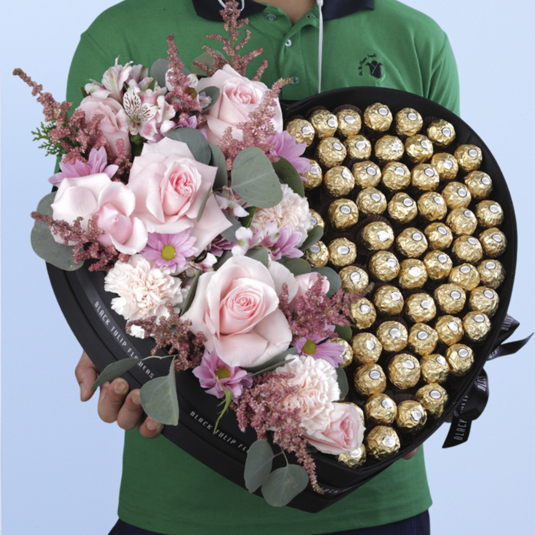Chocolate Box with Pink Flowers Flower Delivery Dubai UAE
