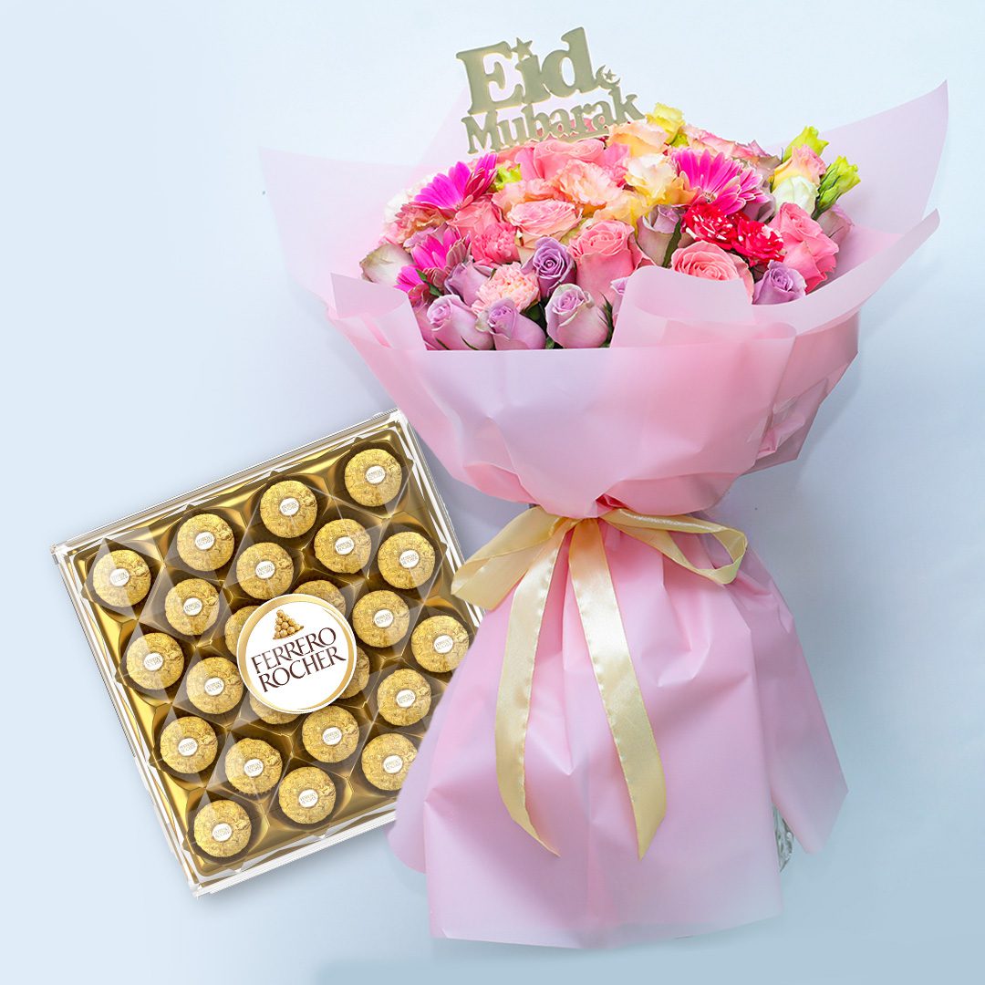 Eid Mix Flowers with Ferrero Rocher - Flower Delivery Dubai, UAE