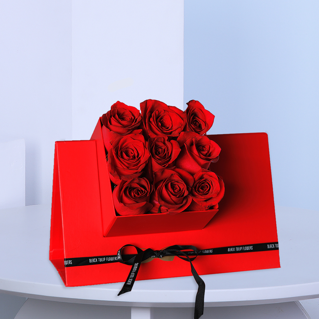 Red Roses in Red Cube Box | Black Tulip Flowers Duba