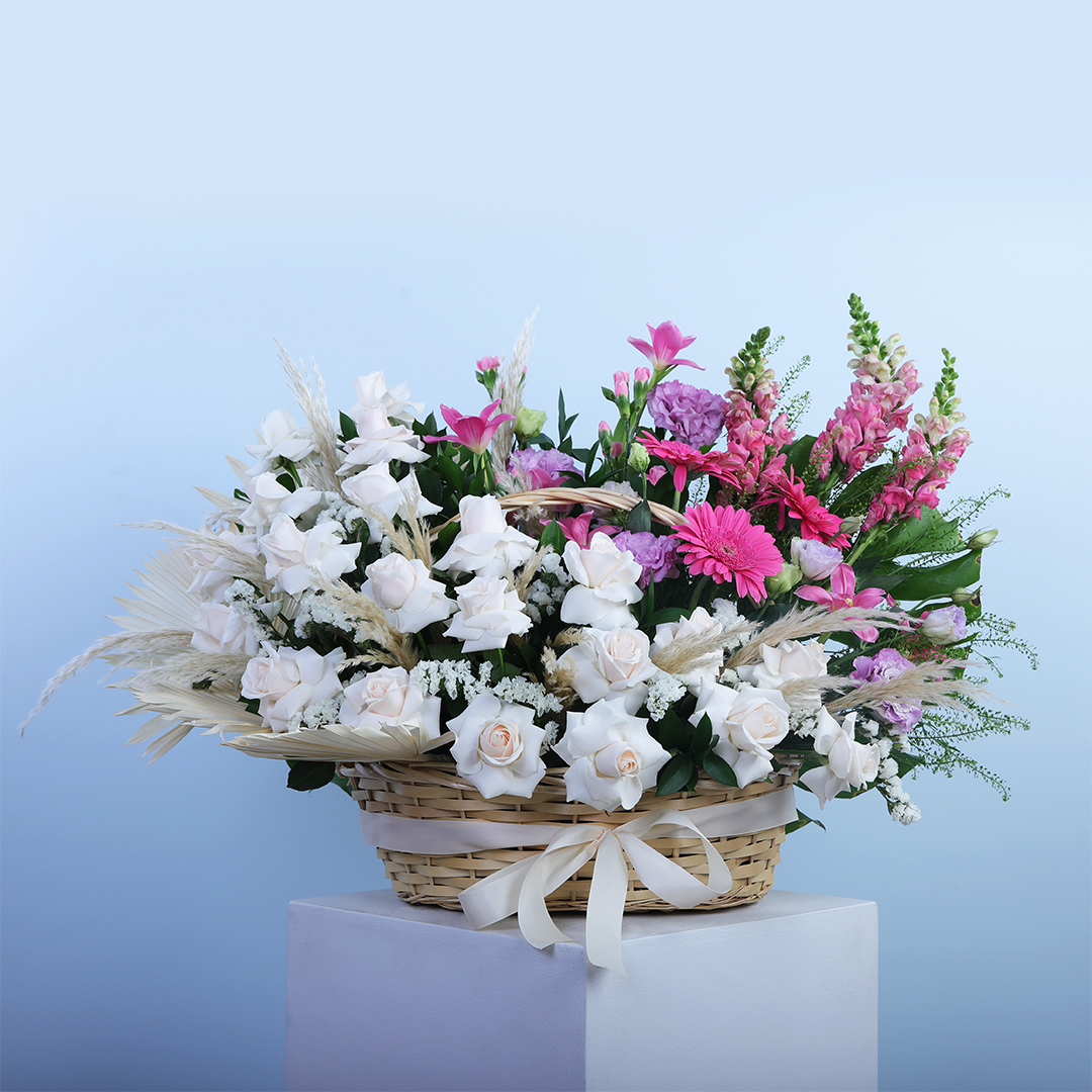 Blushing Embrace Basket | Flower Bouquet