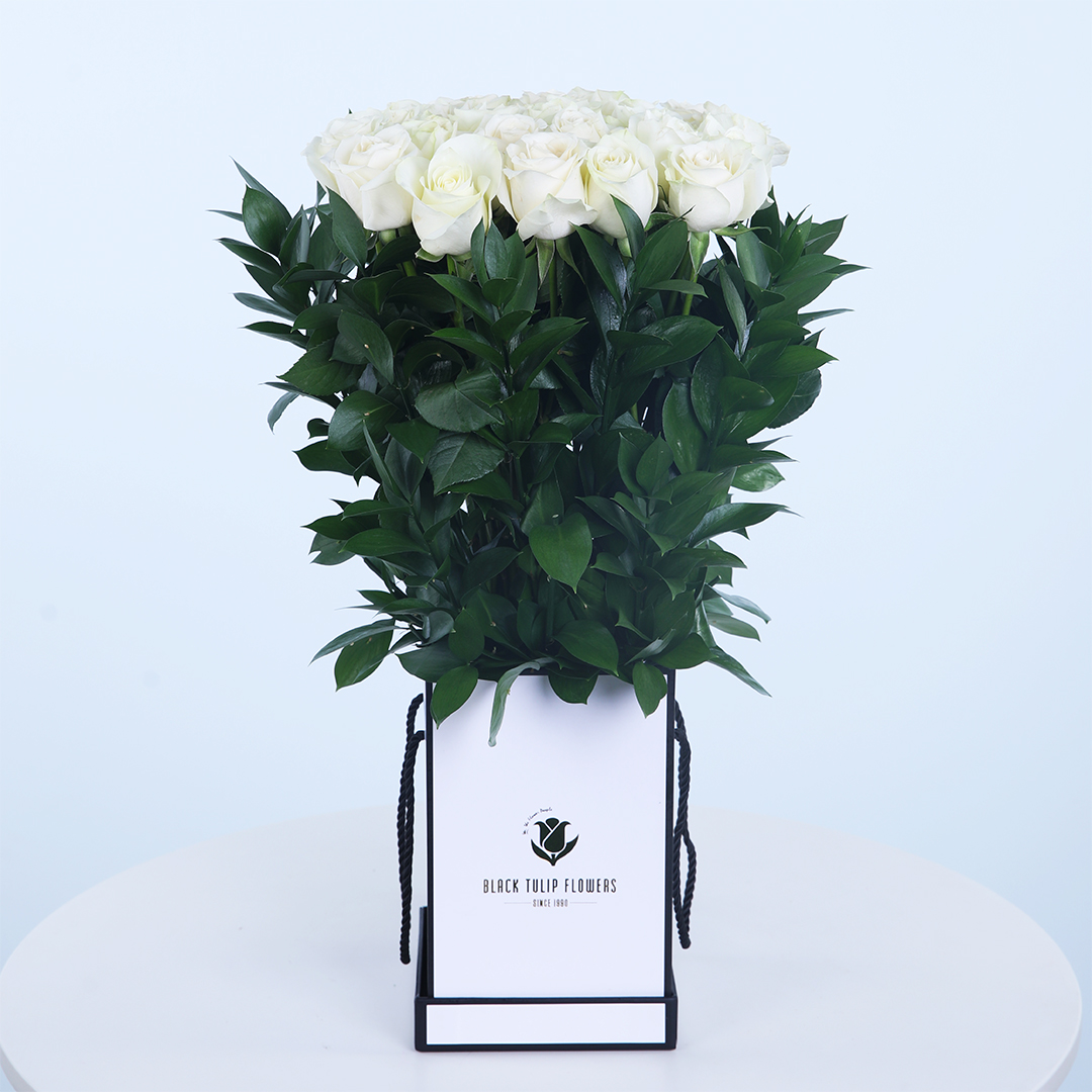30 White Roses with Leaves in a Box | Elegant Flower Box