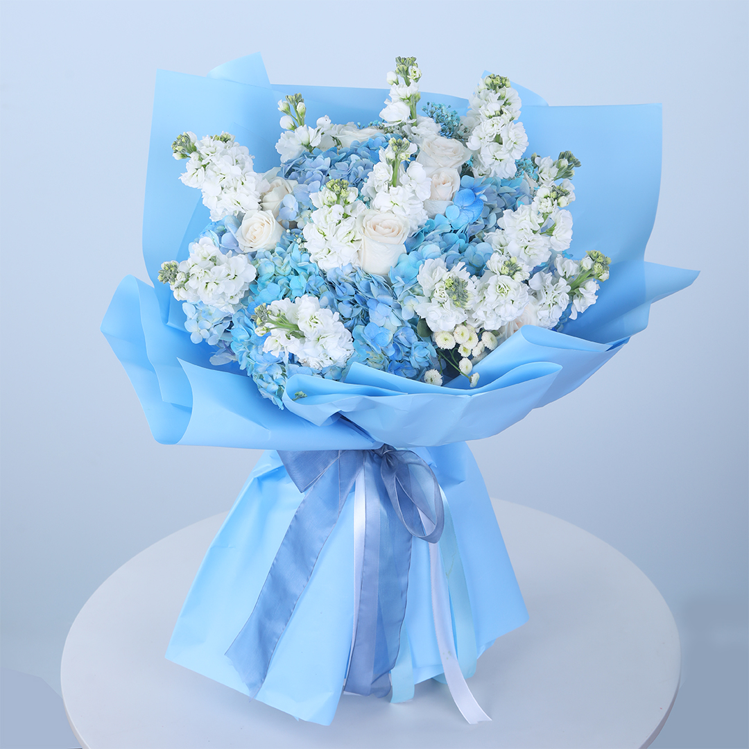 White Rose, Mathiola, & Blue Hydrangea| Elegant Bouquet