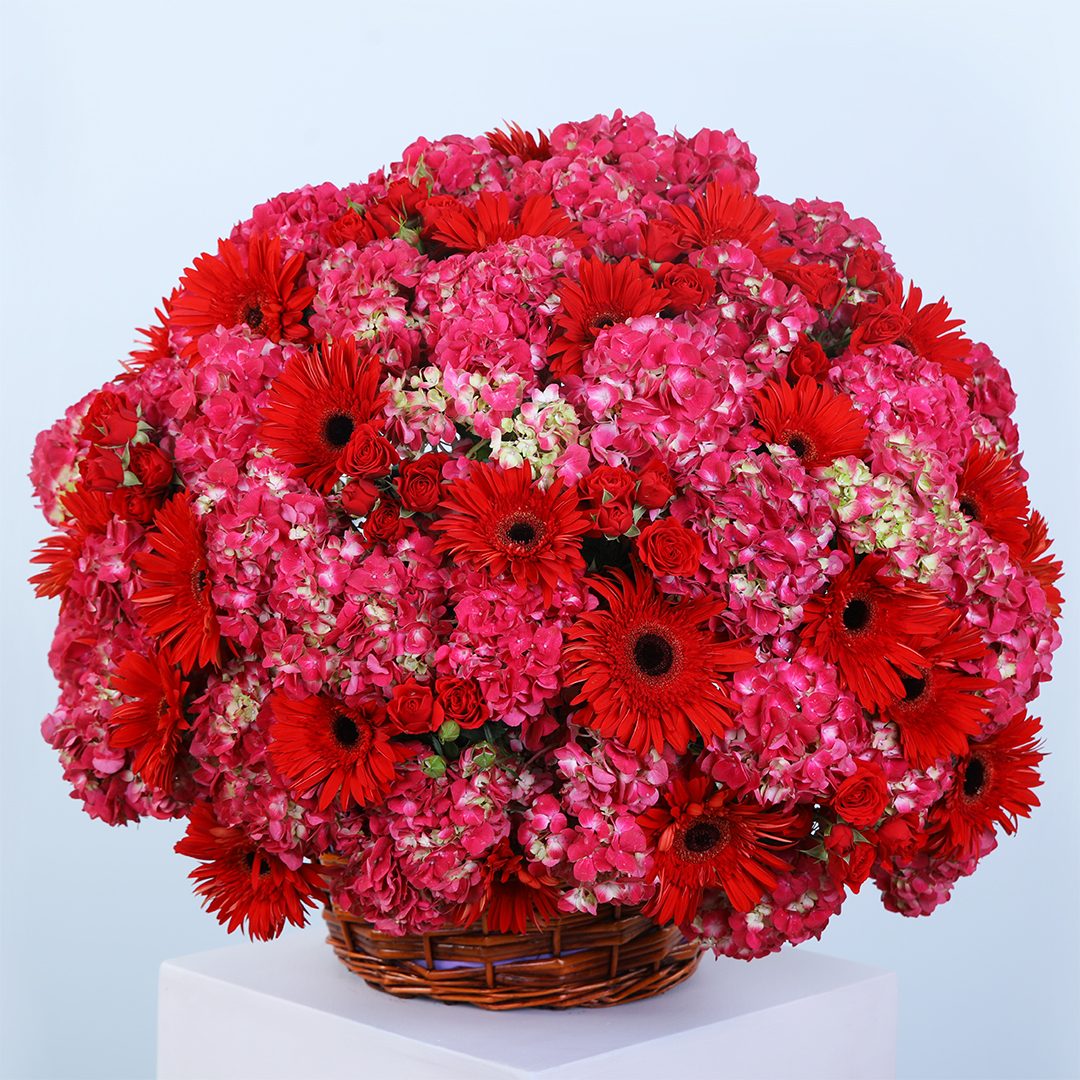 Red & Pink Flower Basket | Hydrangeas and Gerberas