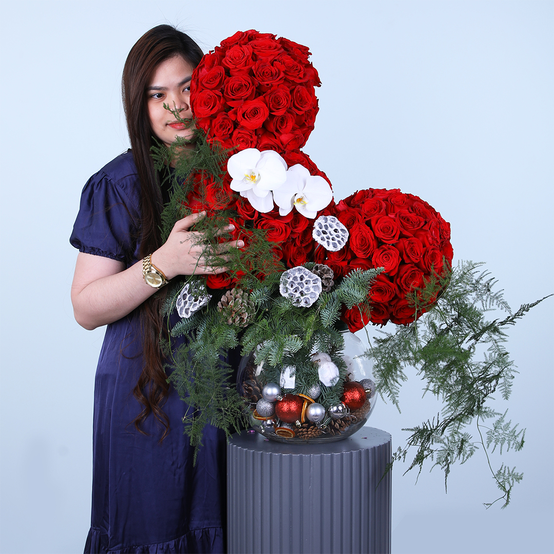 Roses and Orchids with Christmas Decors | Fish Bowl Arrangement