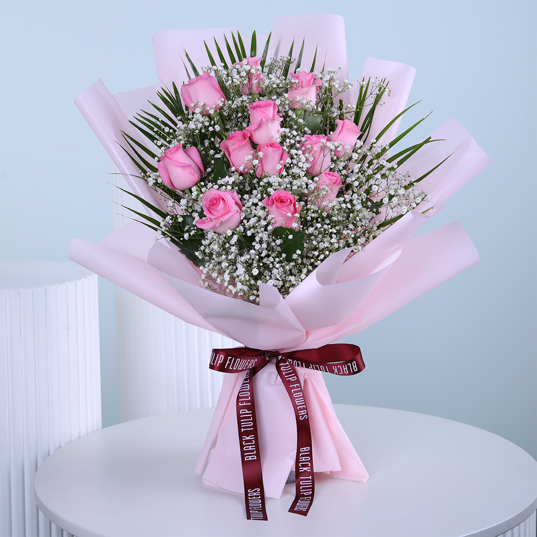 12 Stem Pink Rose Bouquet with Gypso and Greeneries