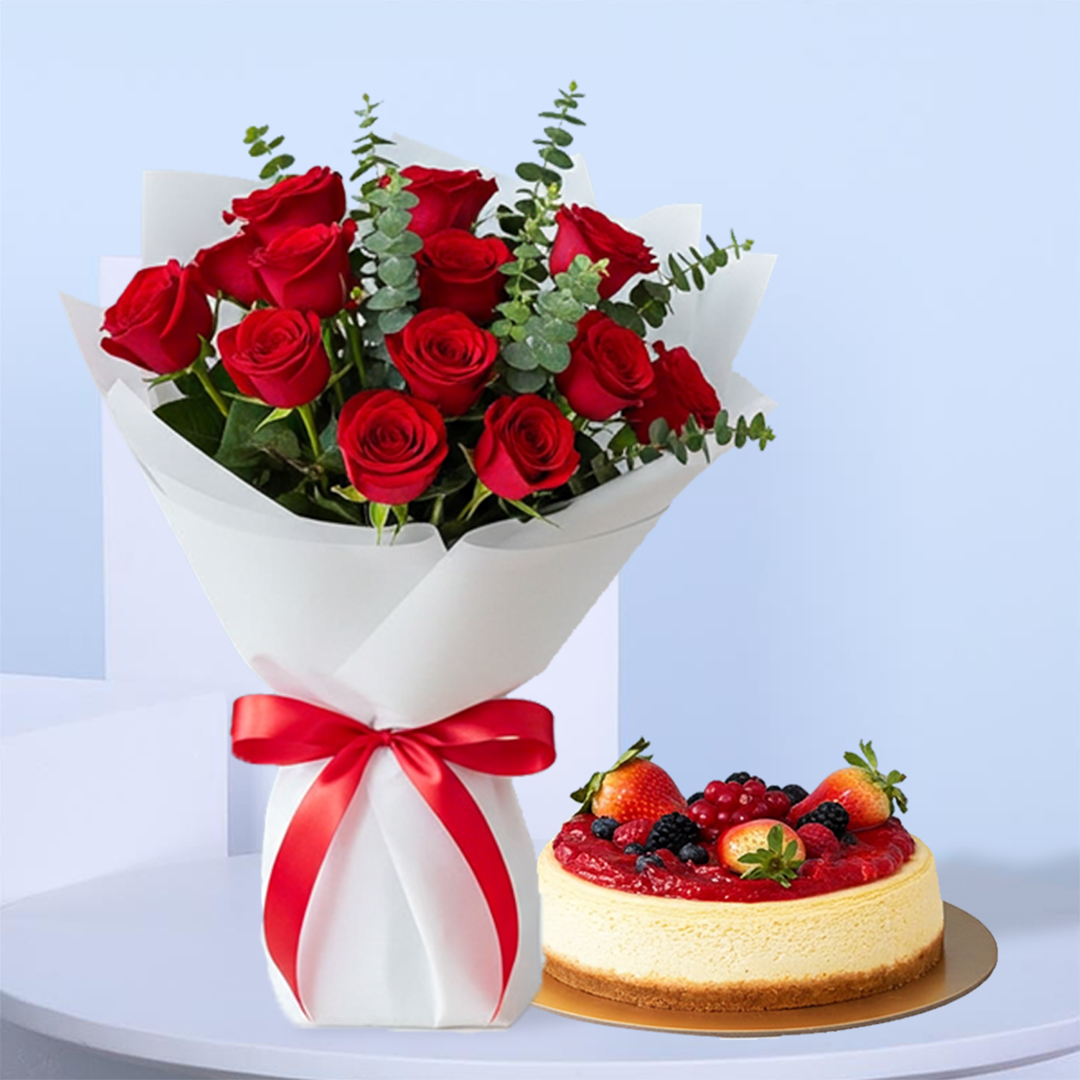 Red Roses Bouquet with Berry Cake | Perfect Gift Combo