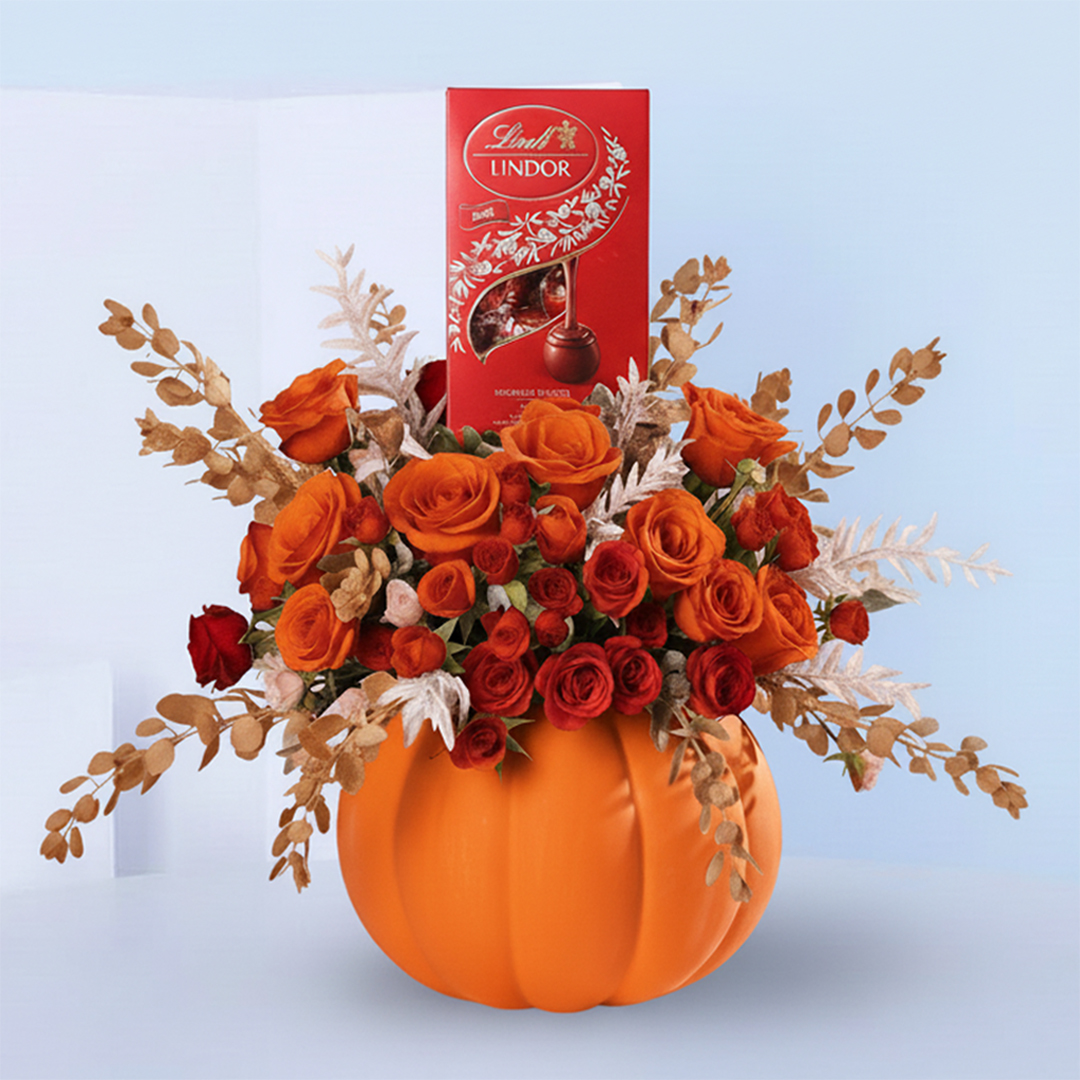 Pumpkin Flower Arrangement | Orange Roses & Lindor