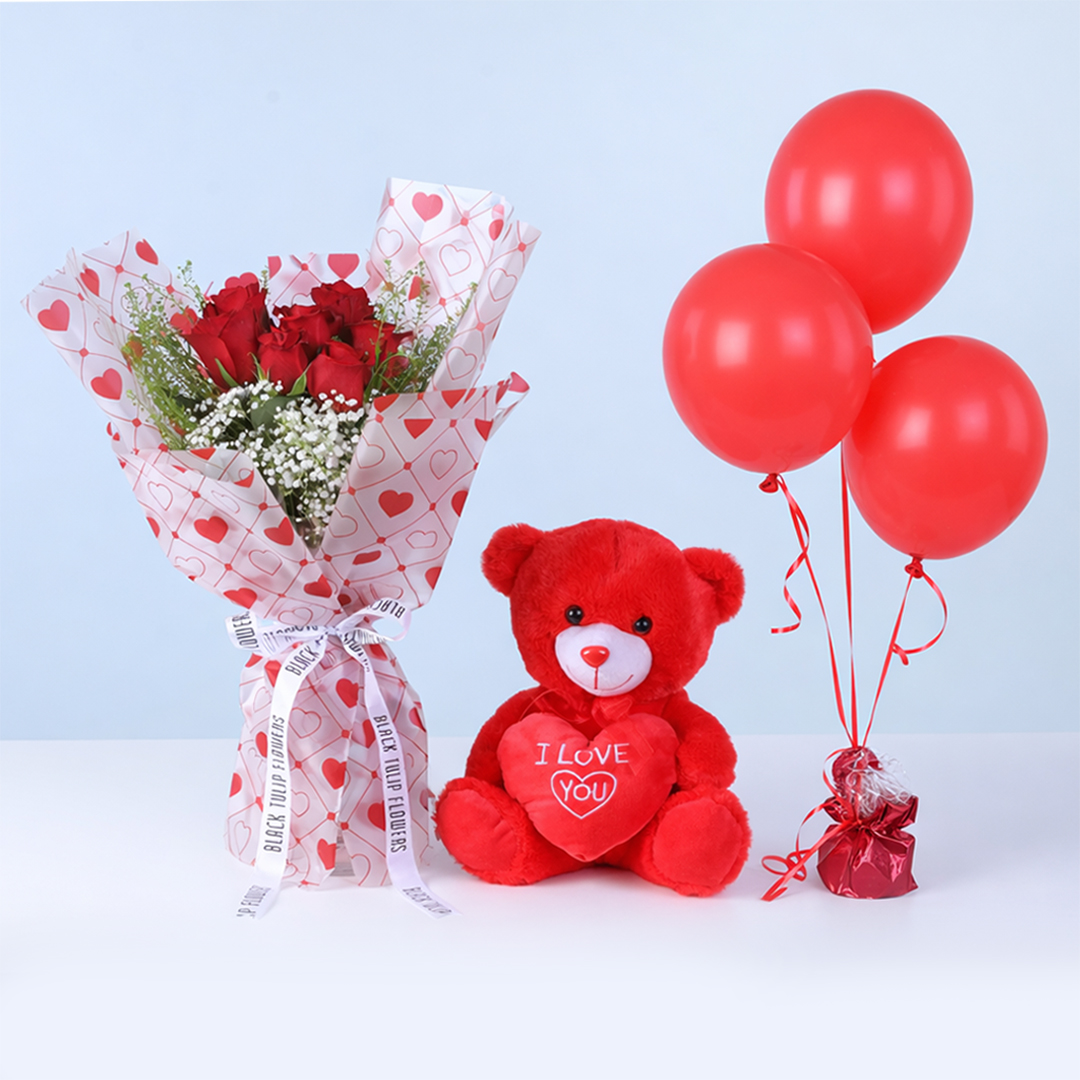 7 Red Roses Valentine Set | Teddy & Balloons UAE