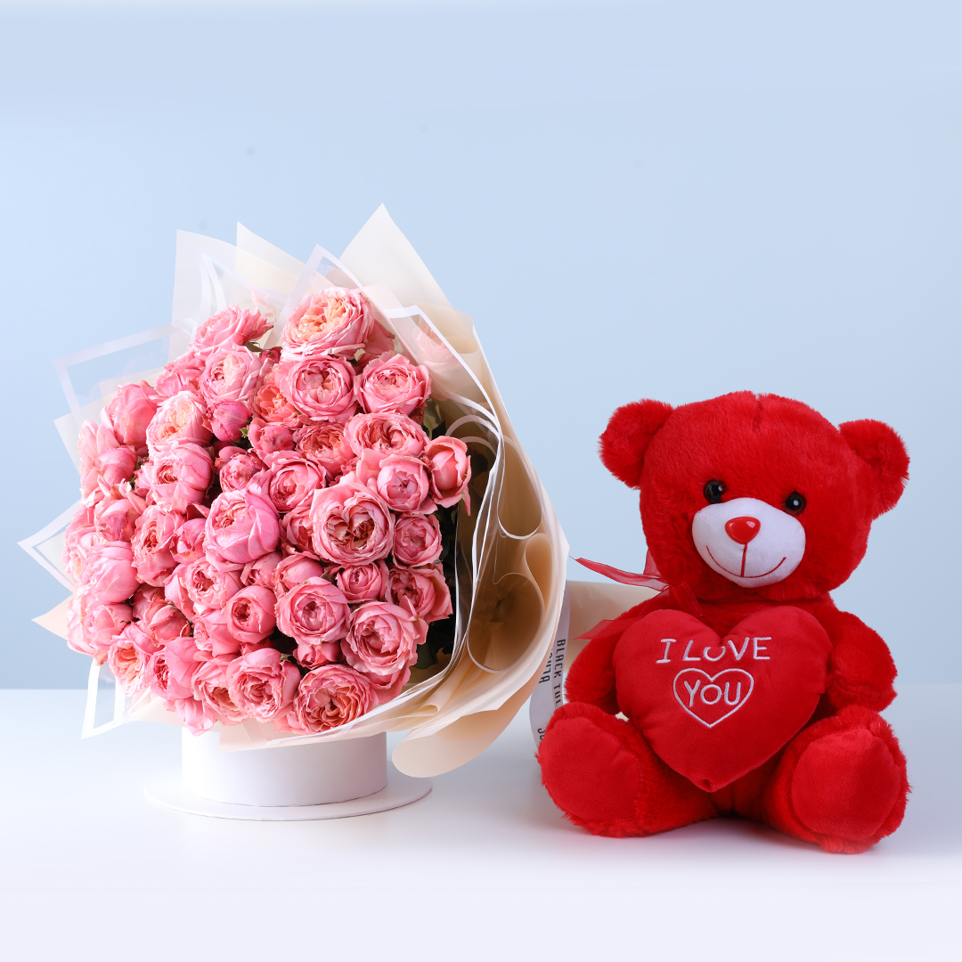 Bombastic Light Pink Roses & Red Teddy | V-Day Gift
