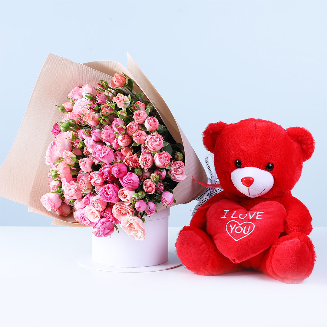 Pink Bambastic Rose Peony Bouquet & Teddy Bear Gift