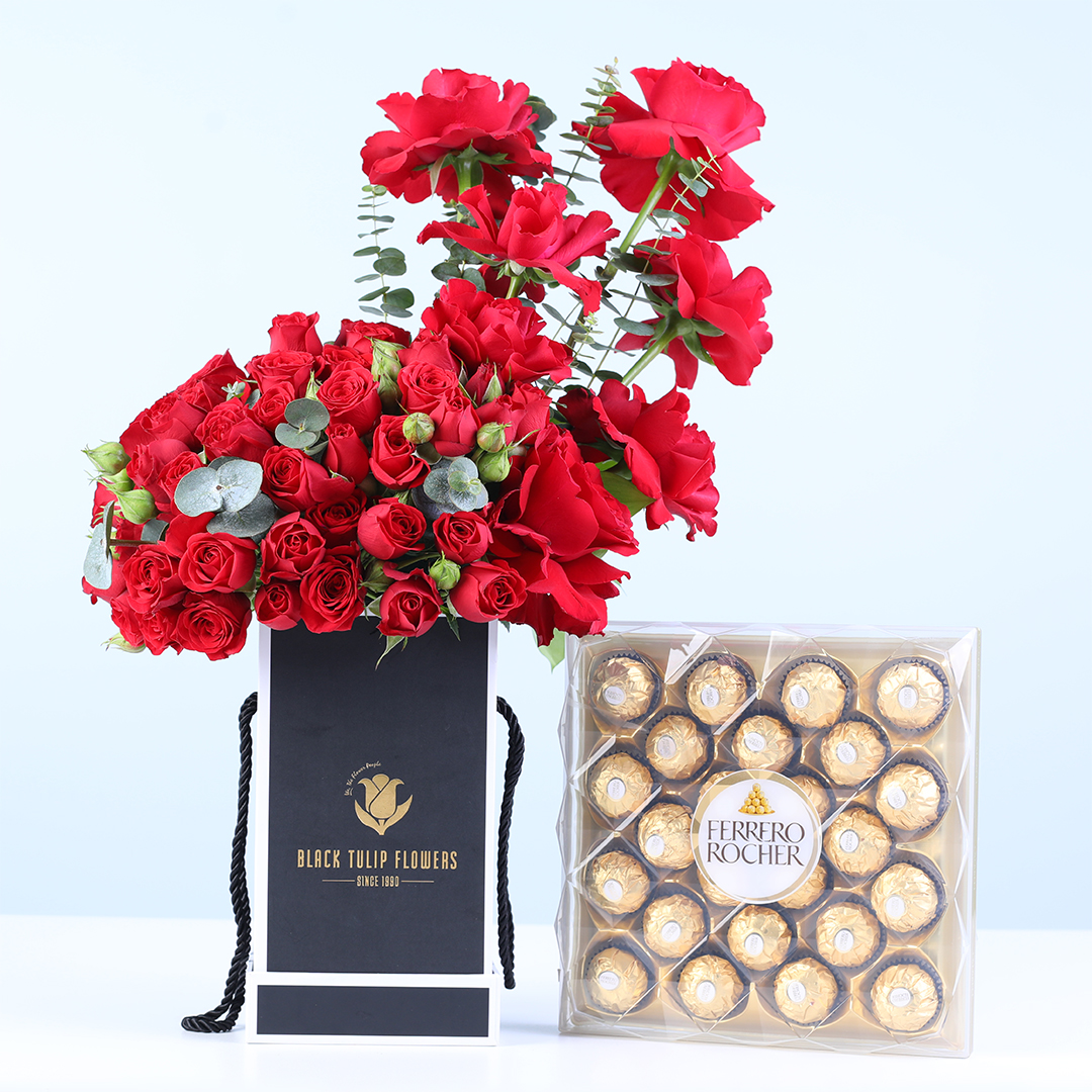 Valentine Magic – Red Rose Box with Ferrero Chocolate Combo